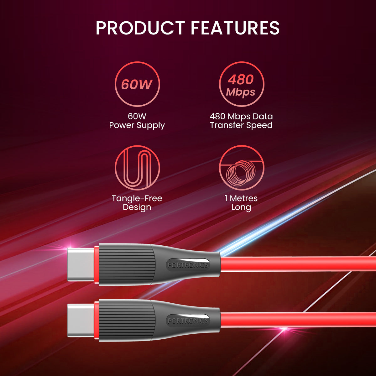 Portronics Silklink 60W PD Type-C to Type C Fast charging Cable for ...