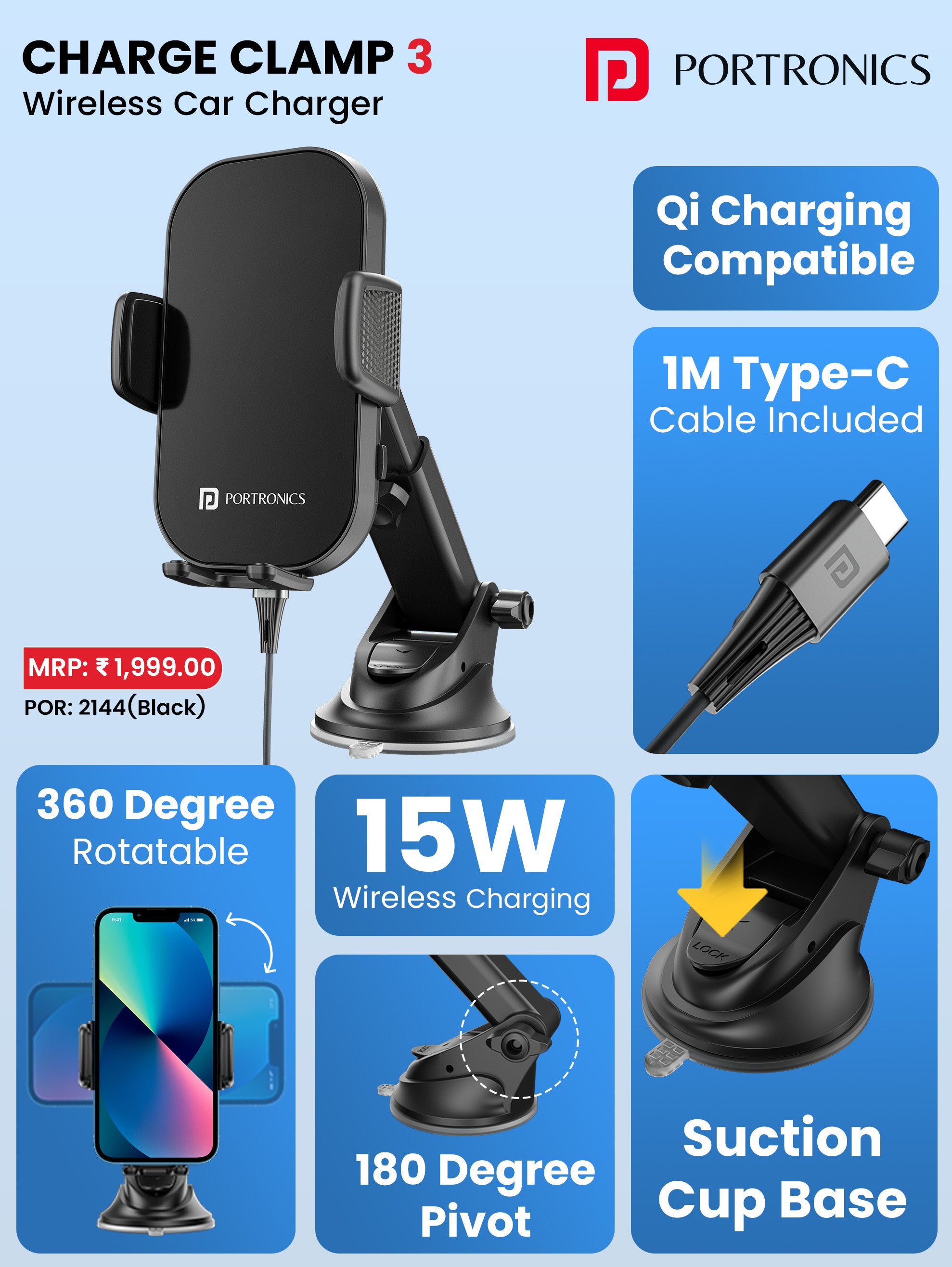 Buy Portronics Charge Clamp 3 Phone Holder With Wireless car charger