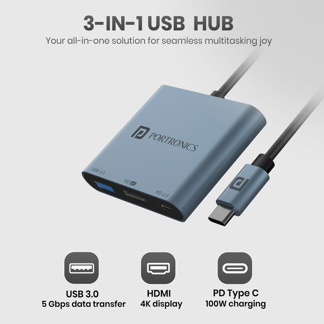 Shop Portronics Latest C-Konnect Plus 3-in-1 Type-C USB Hub