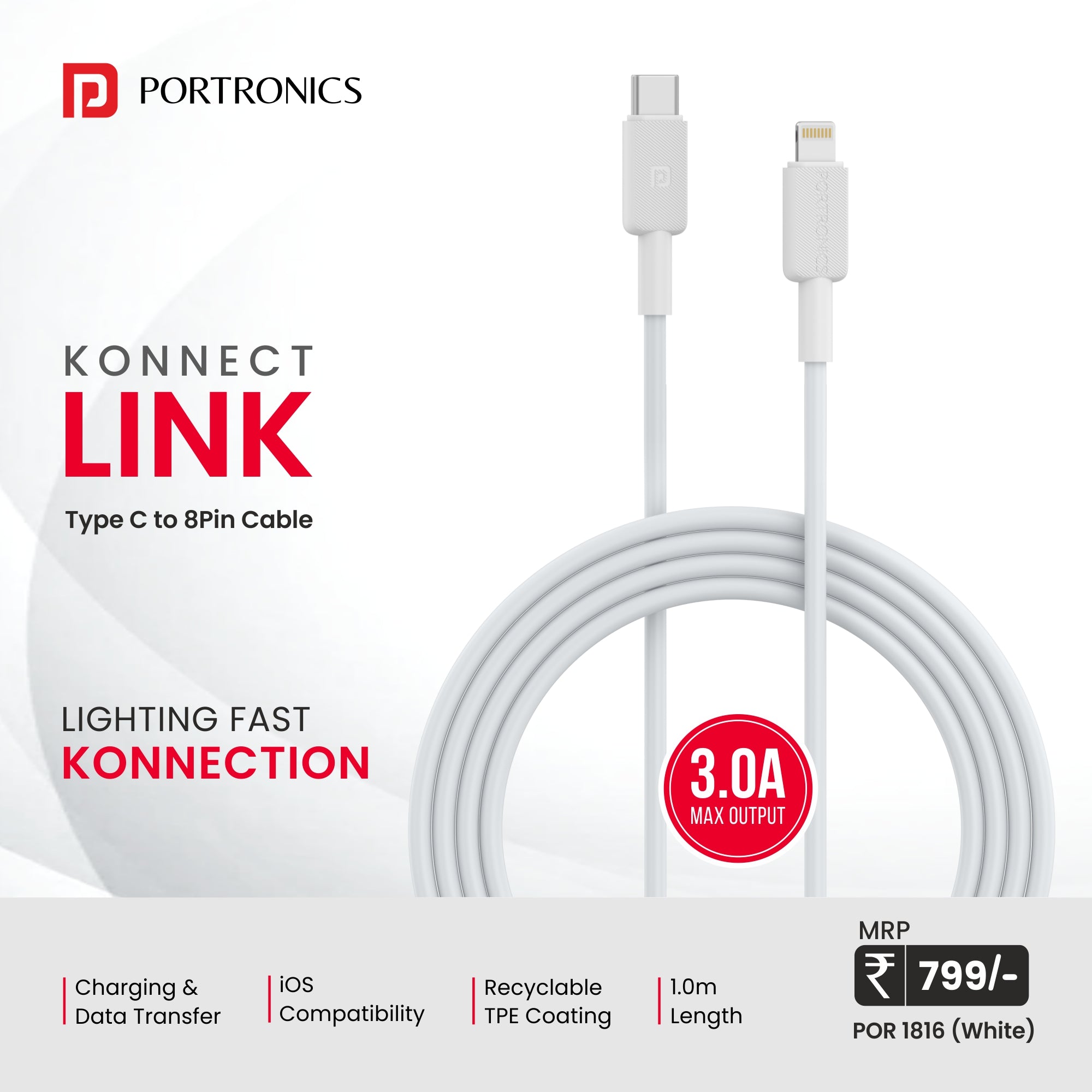 Shop Portronics Konnect Link CL 27 W Type C to 8 PIN Cable