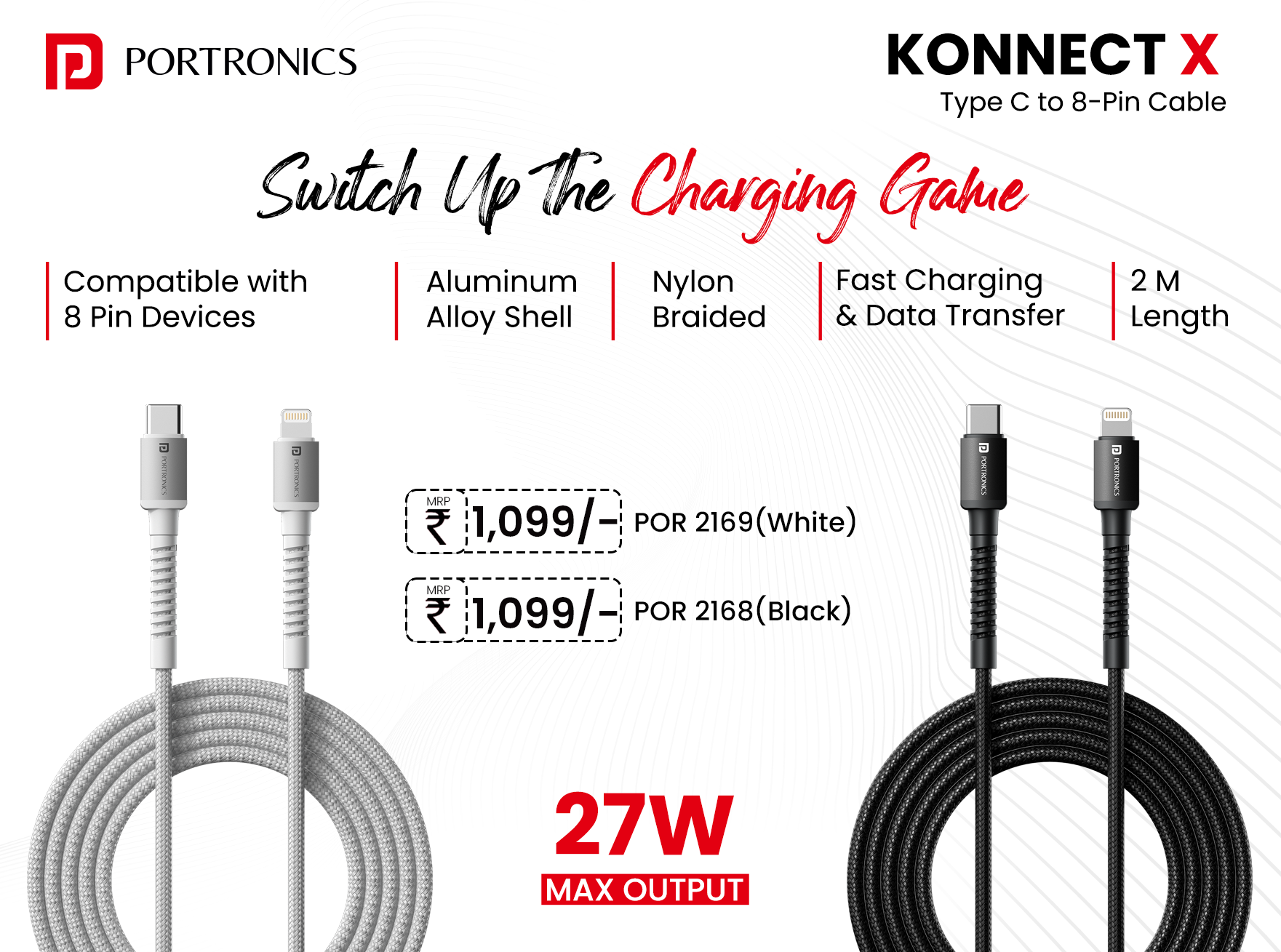 Buy Portronics Konnect X Type C to 8-Pin 27W Fast Charging Cable