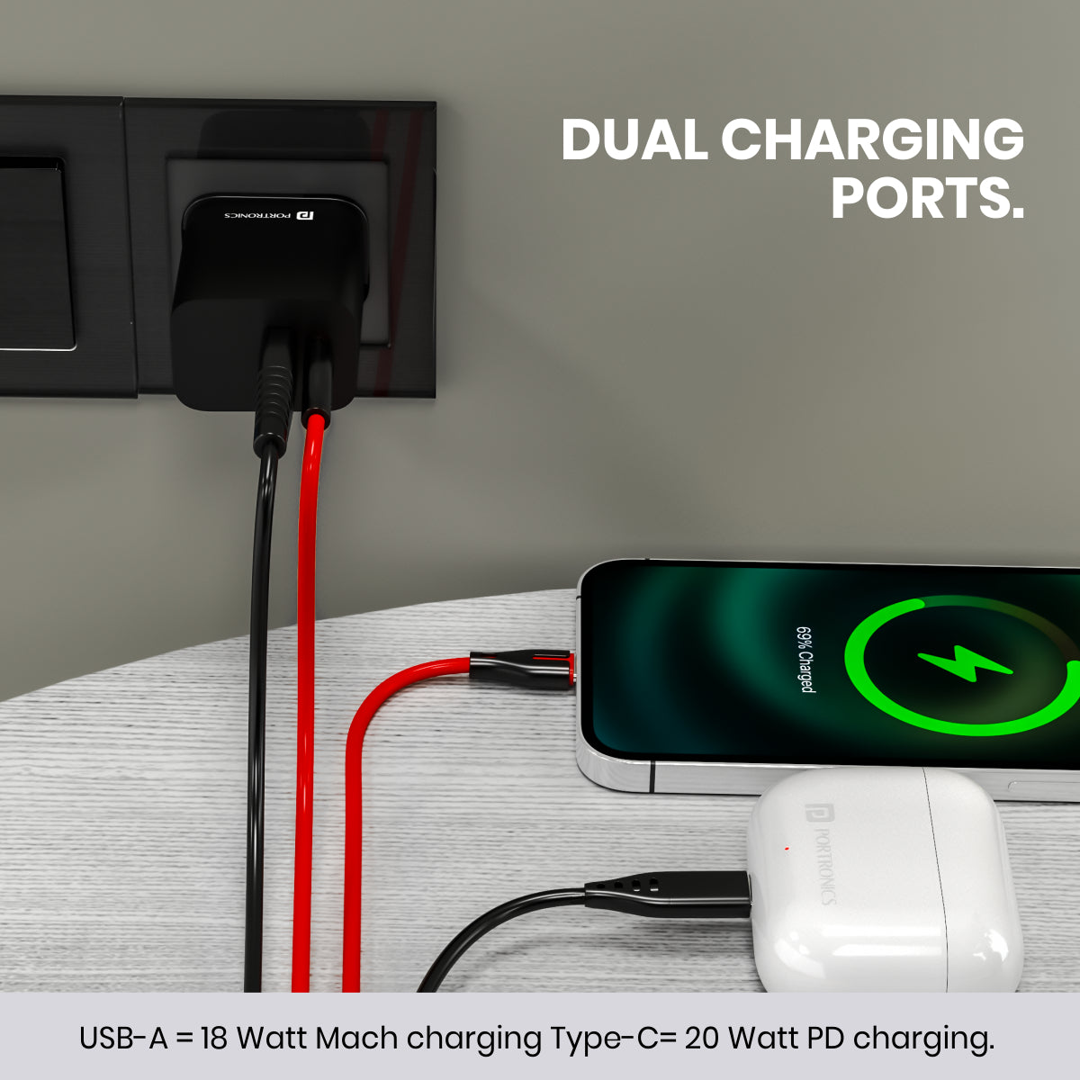 Buy Portronics Adapto 20B| 20W Fast Charger With Dual Ports